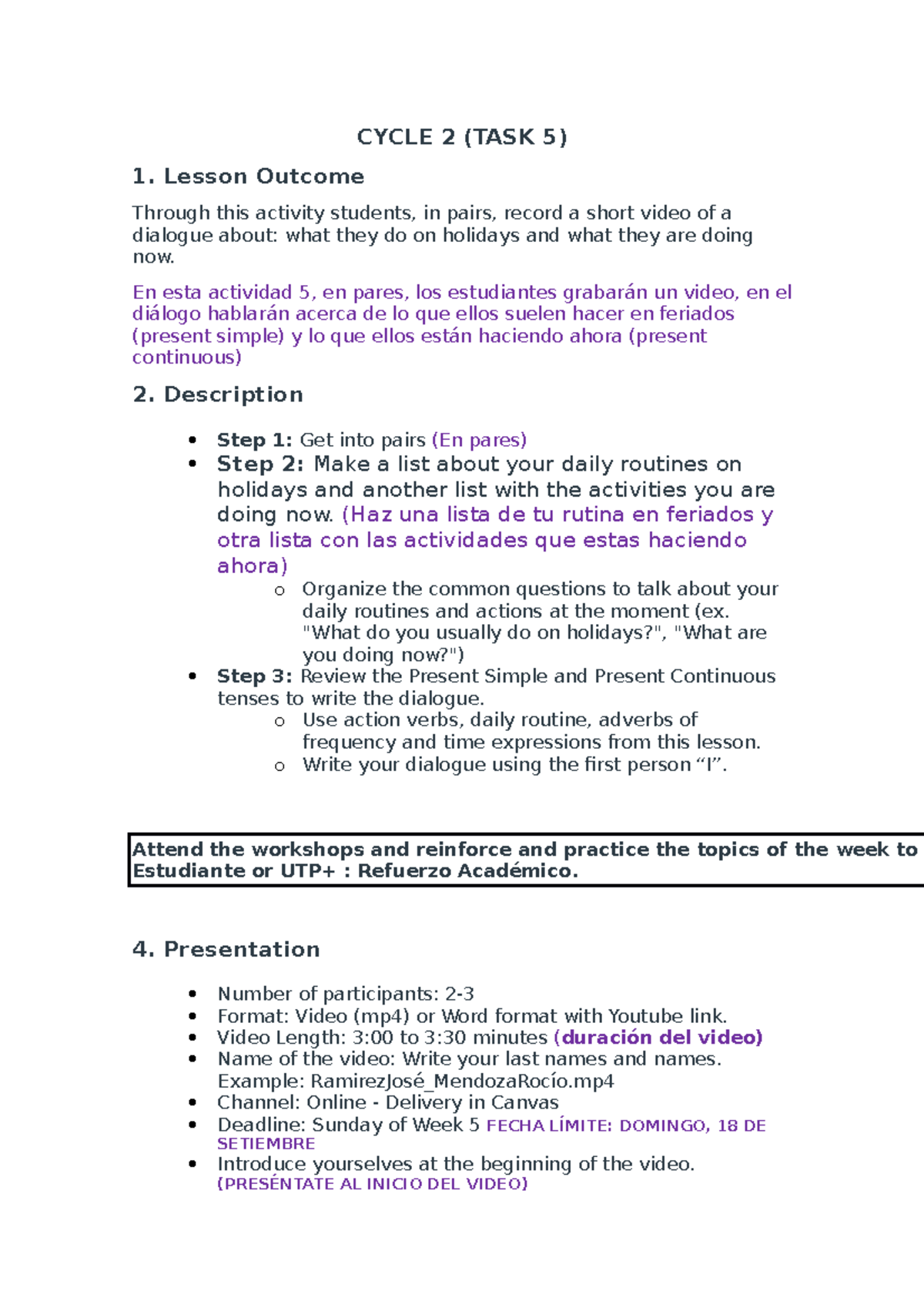 WEEK 5 explanation and examples inglés 2 - CYCLE 2 (TASK 5) 1. Lesson Outcome Through this ...