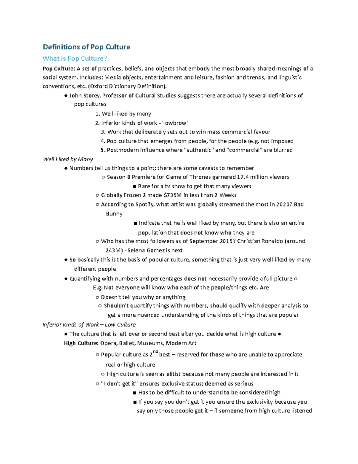 2161 EXAM Section 1 - class notes - Definitions of Pop Culture What is ...