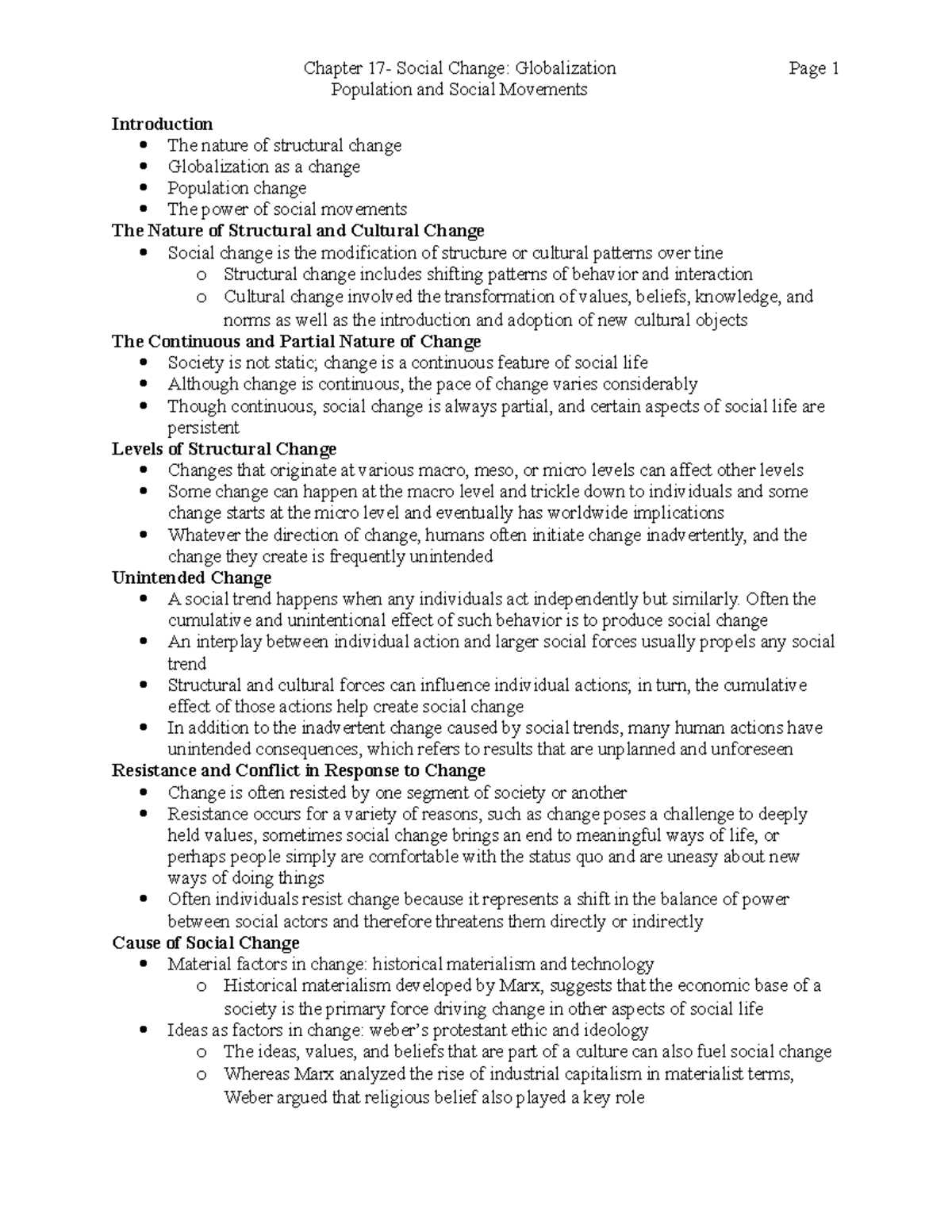 Chapter 17 - Chapter 17- Social Change: Globalization Population and ...