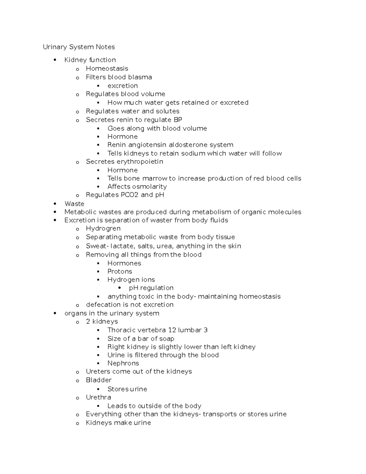 Urinary System Notes - anatomy - Urinary System Notes Kidney function o ...