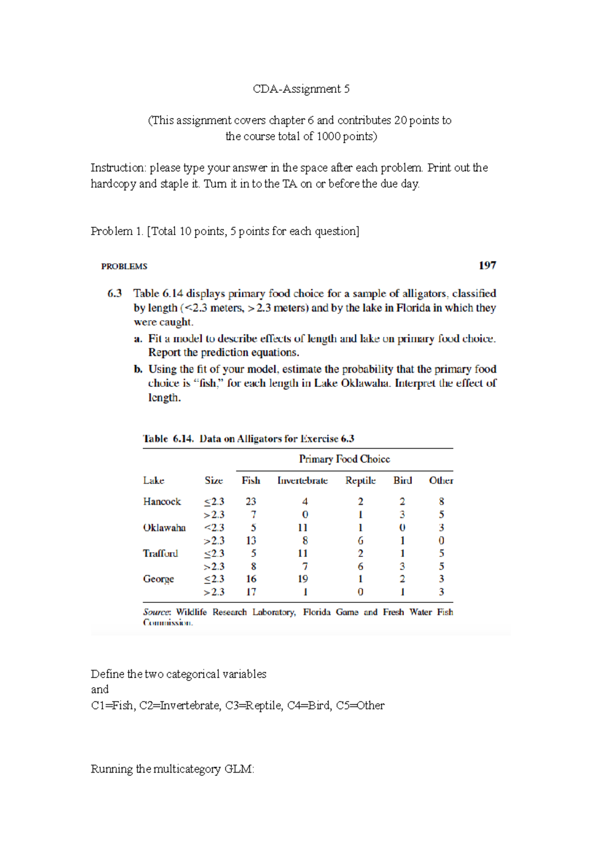 Cda Assignment 5 Exercise For Categorical Data Analysis Cda Assignment 5 This Assignment