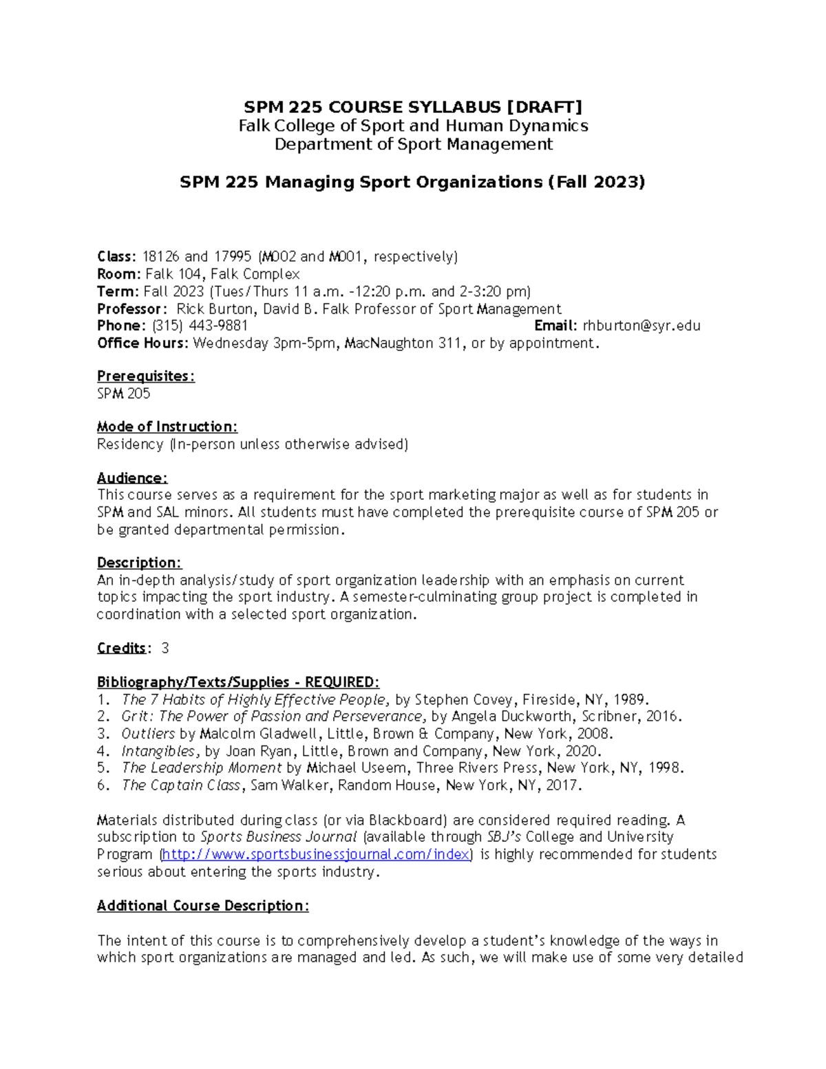 SPM 225 Managing Sport Org Syllabus (Fall 2023) - SPM 225 COURSE ...
