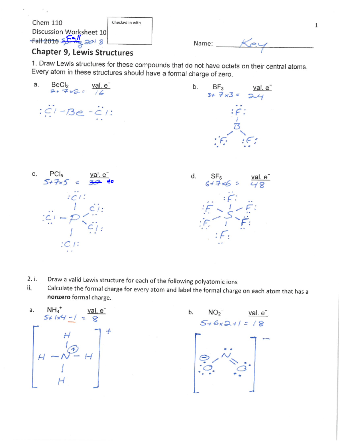 Chem110-F18 Week11 Lewis discussion key - Chem 110 Checked in with ...