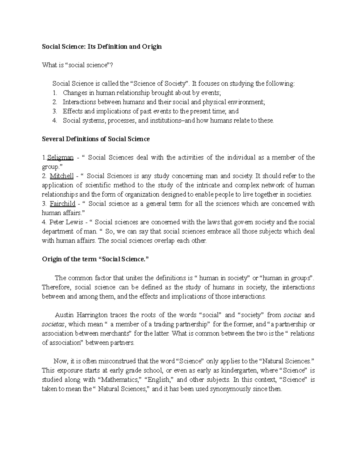 Reading Material 1 Social Science Its Definition and Origin - Social ...