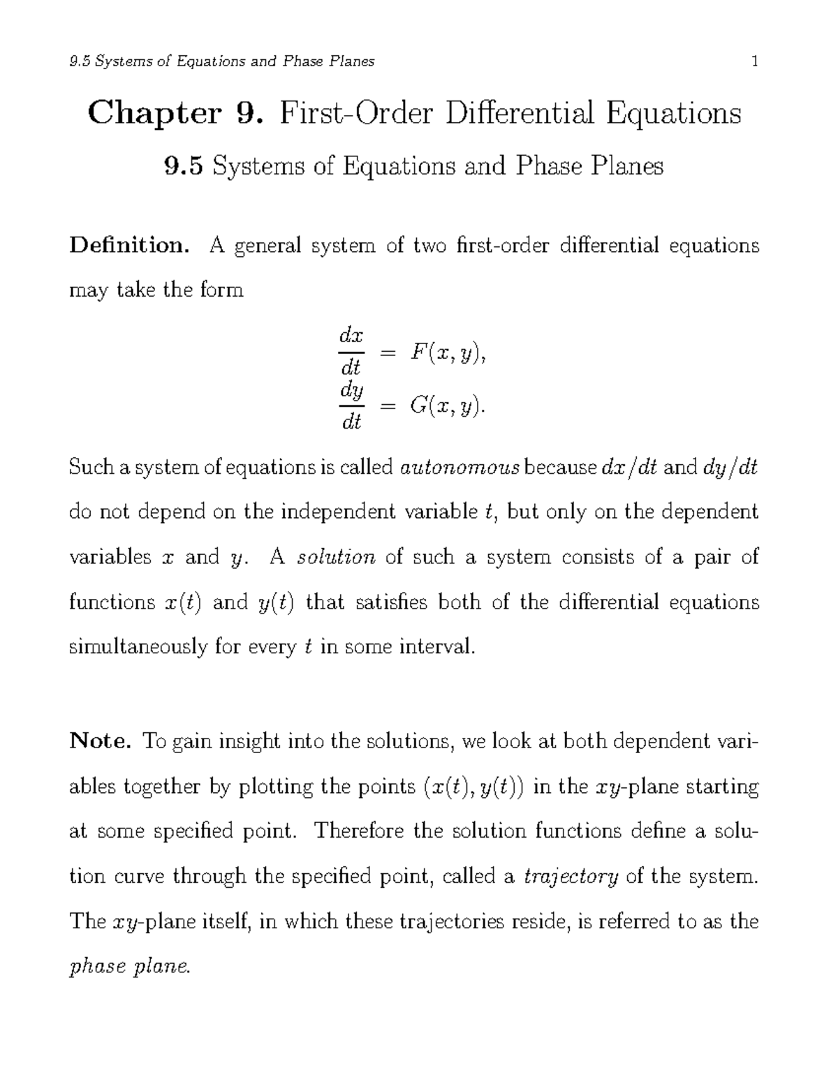 Systems of Equations and Phase Planes - Chapter 9. First-Order Differential Equations 9 Systems ...