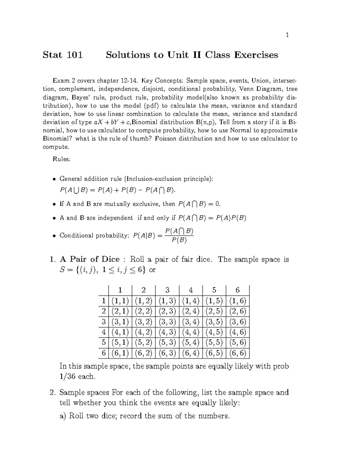 101Unit2Class Ex Solutions - 1 Stat 101 Solutions to Unit II Class ...