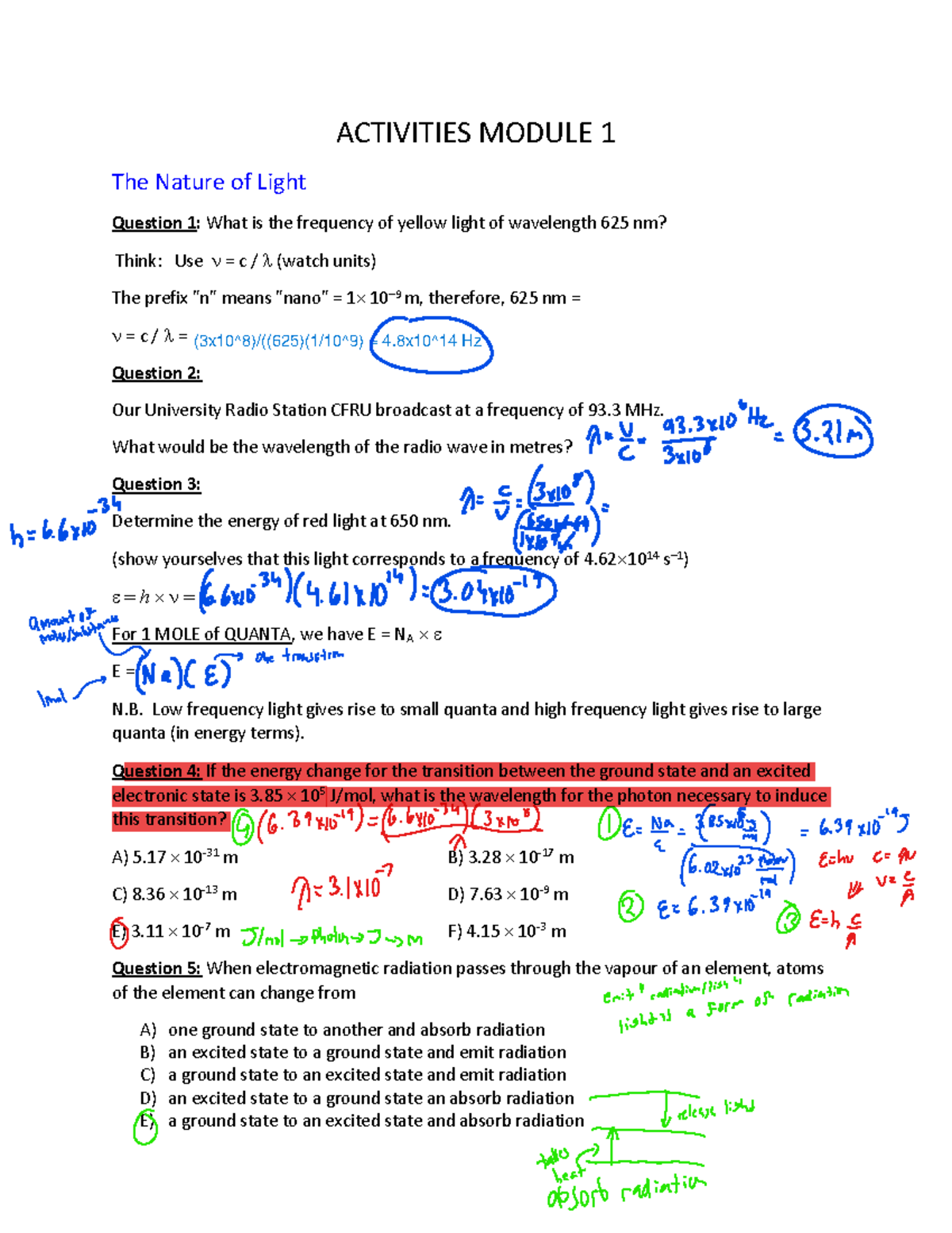 Activities Module 1 - anzellua - ACTIVITIES MODULE 1 The Nature of Light Question 1: What is the ...