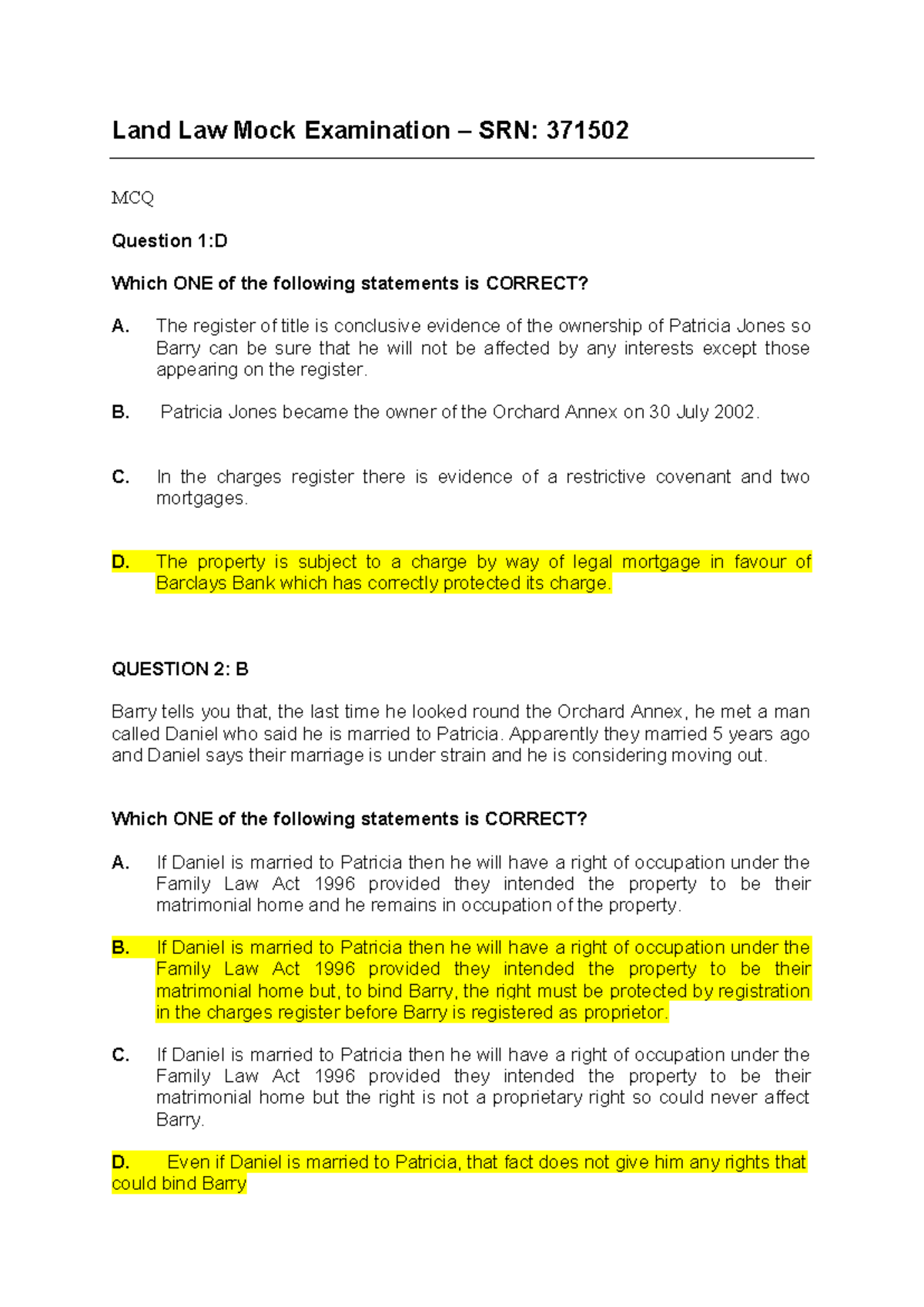 371502 Land Law Mock Answer - Land Law Mock Examination – SRN: 371502 ...