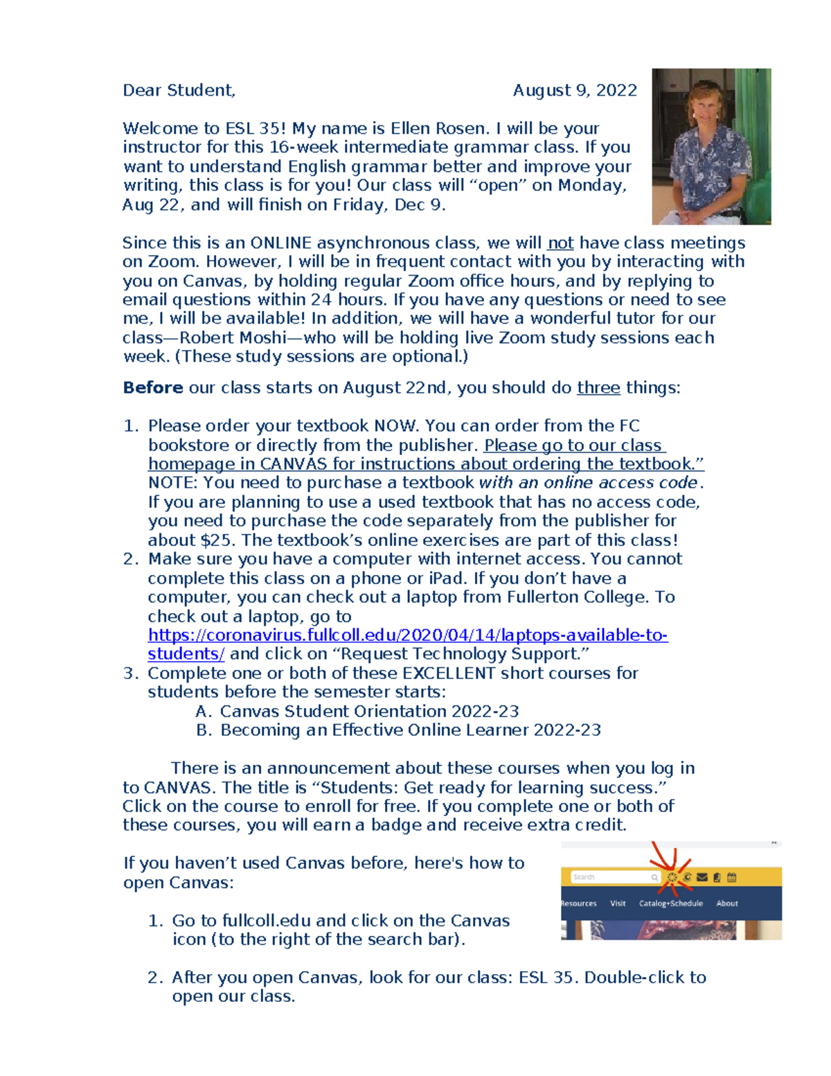 ESL 35 online Welcome Letter-F2022 - Dear Student, August 9, 2022 ...