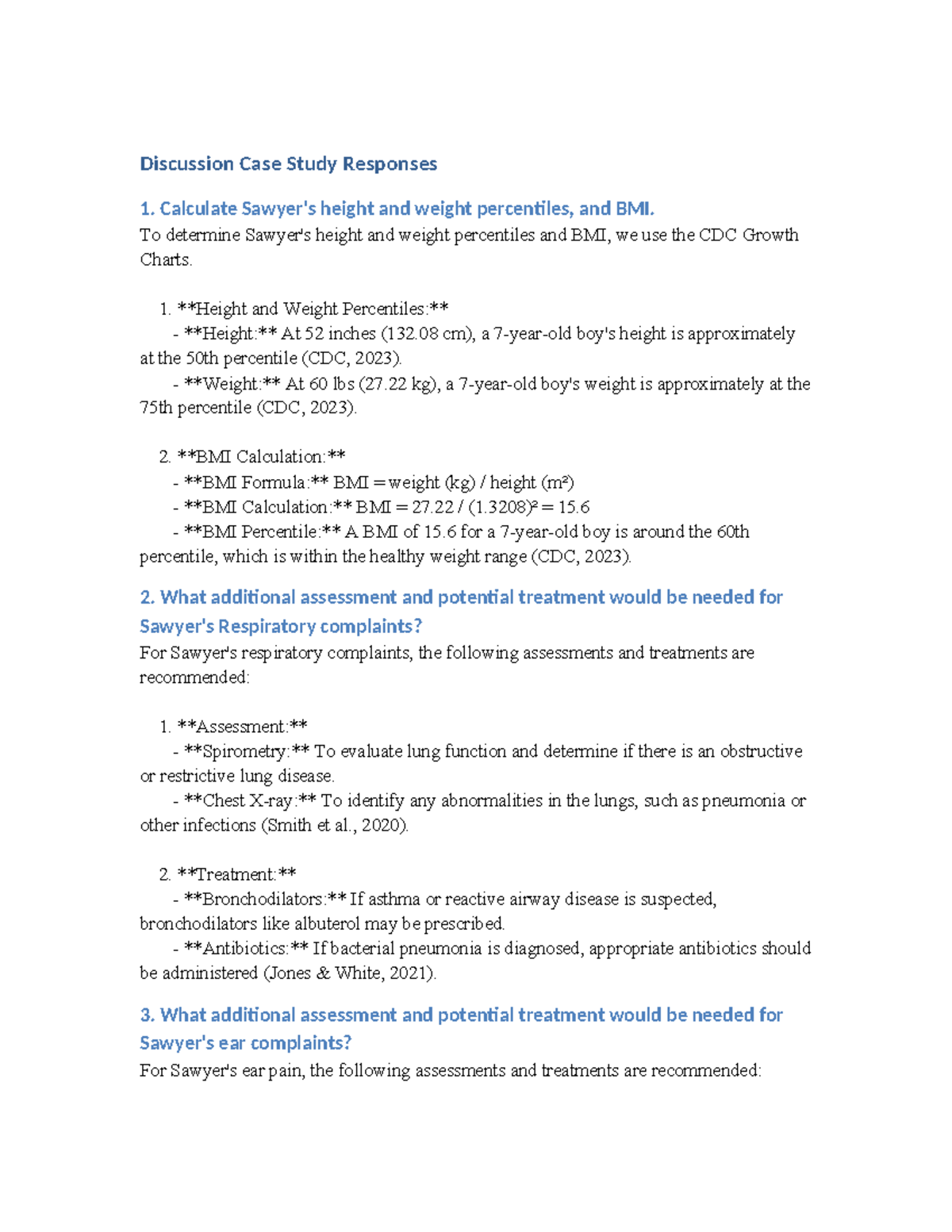 Discussion Case Study Responses - Calculate Sawyer's height and weight ...