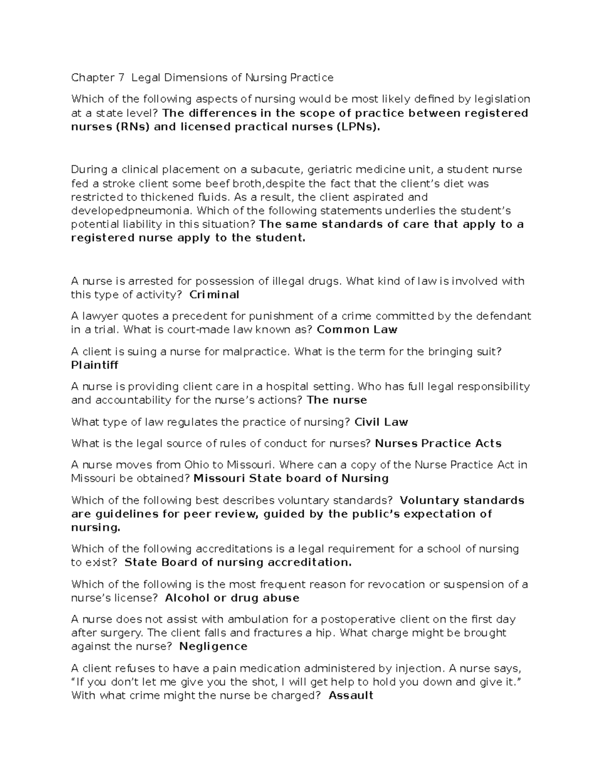 Fundamentals resumen examen - Chapter 7 Legal Dimensions of Nursing ...