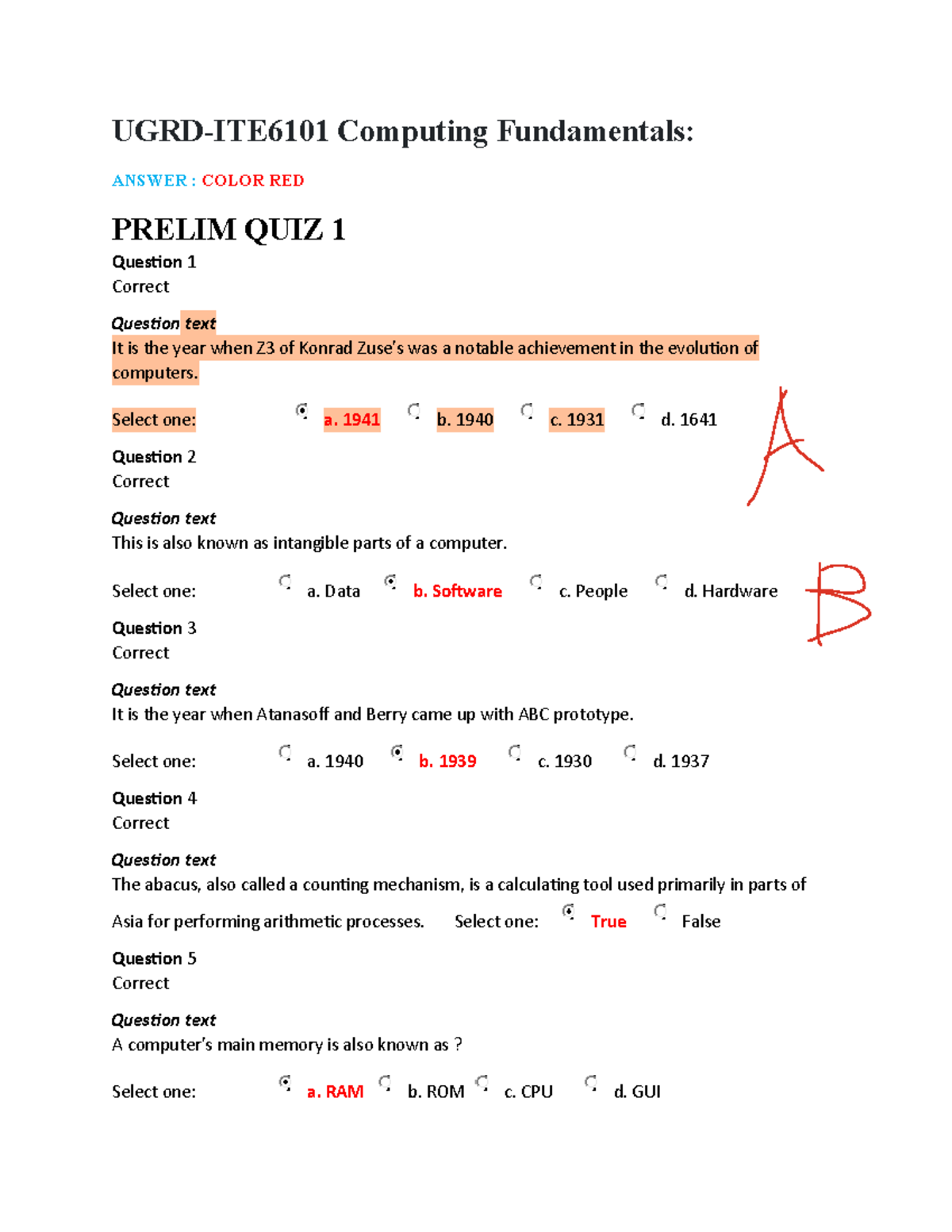 Toaz - UGRD-ITE6101 Computing Fundamentals: ANSWER : COLOR RED PRELIM QUIZ 1 Question 1 Correct ...