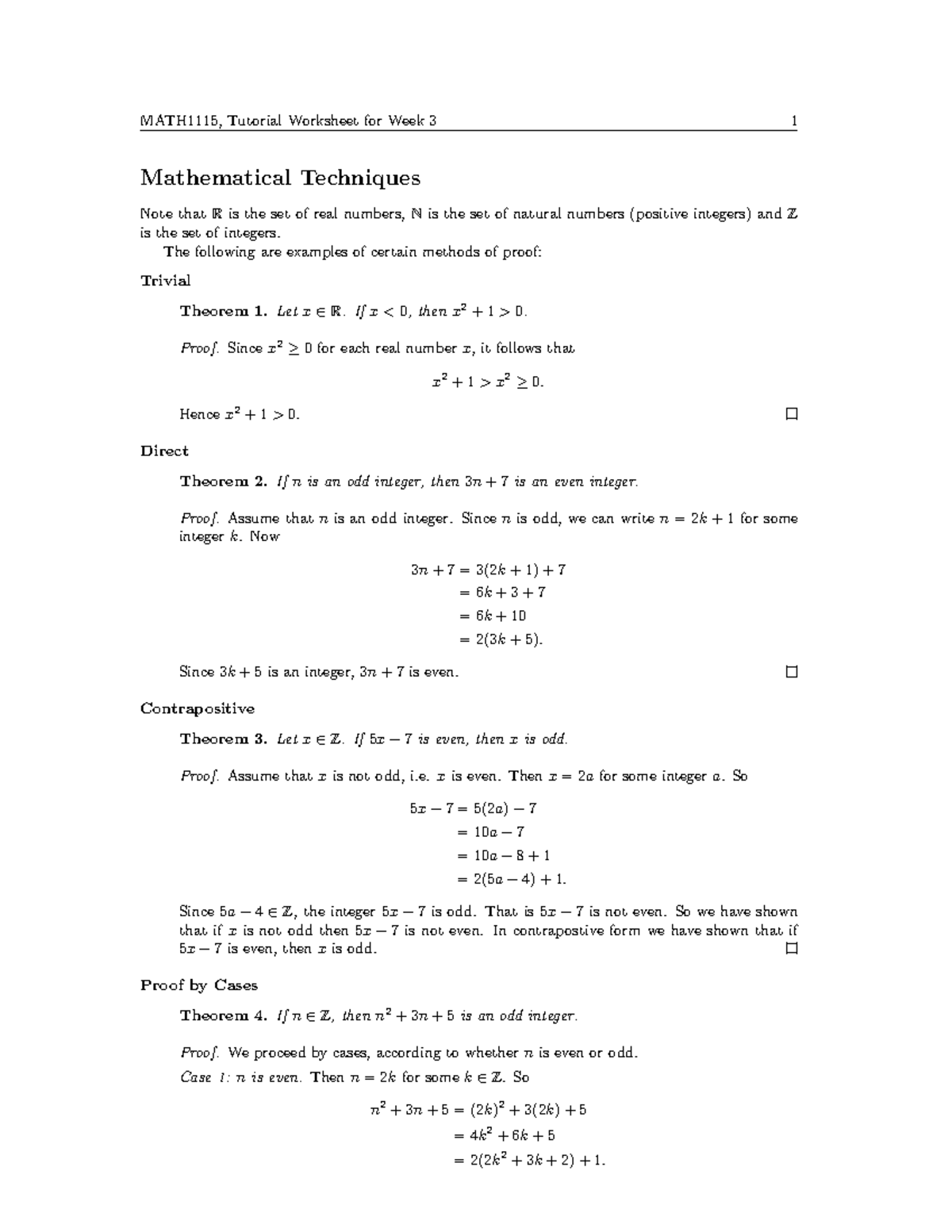 tutorial 1 worksheet - MATH1115, Tutorial Worksheet for Week 3 1 ...