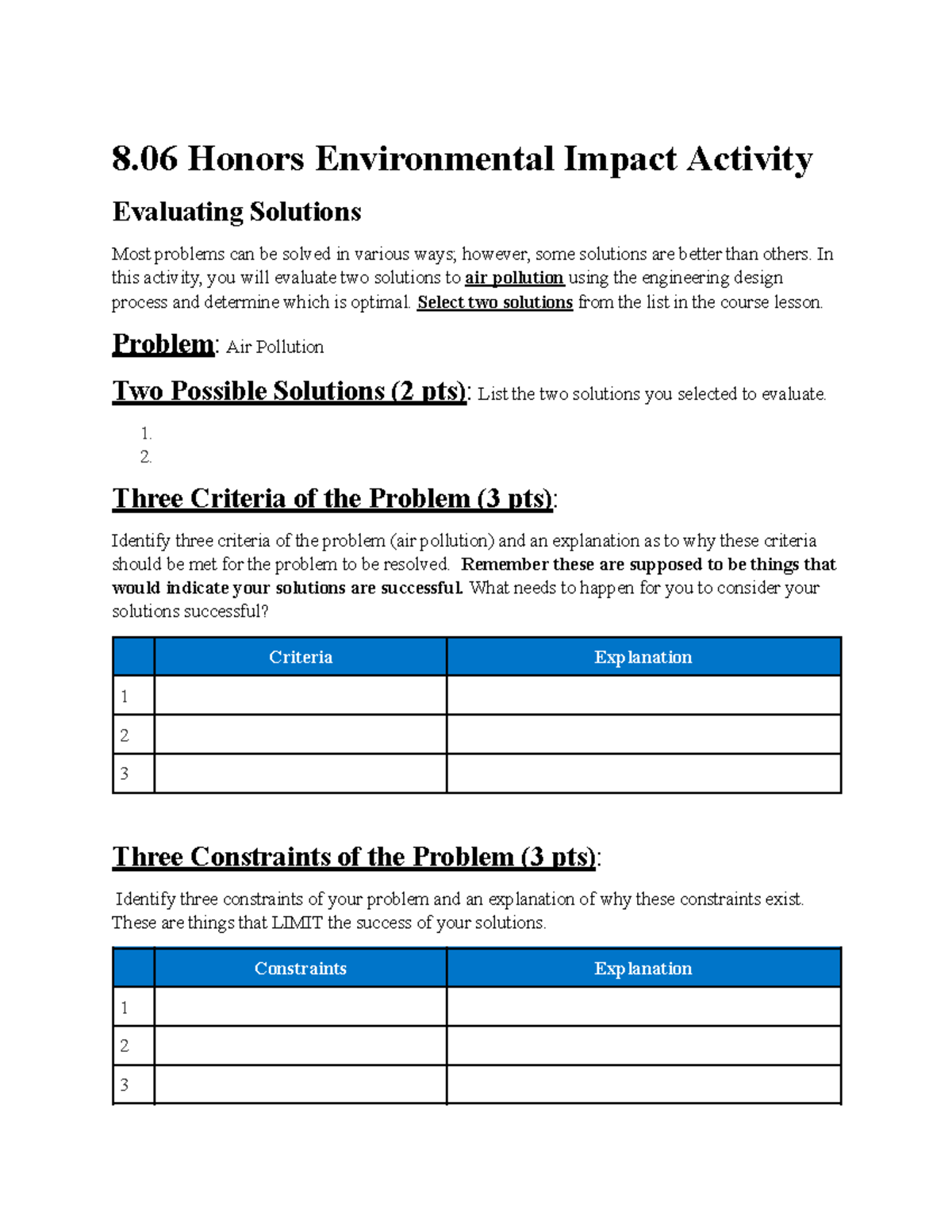 Chemistry 8 - 8.6 Lab - 8 Honors Environmental Impact Activity ...