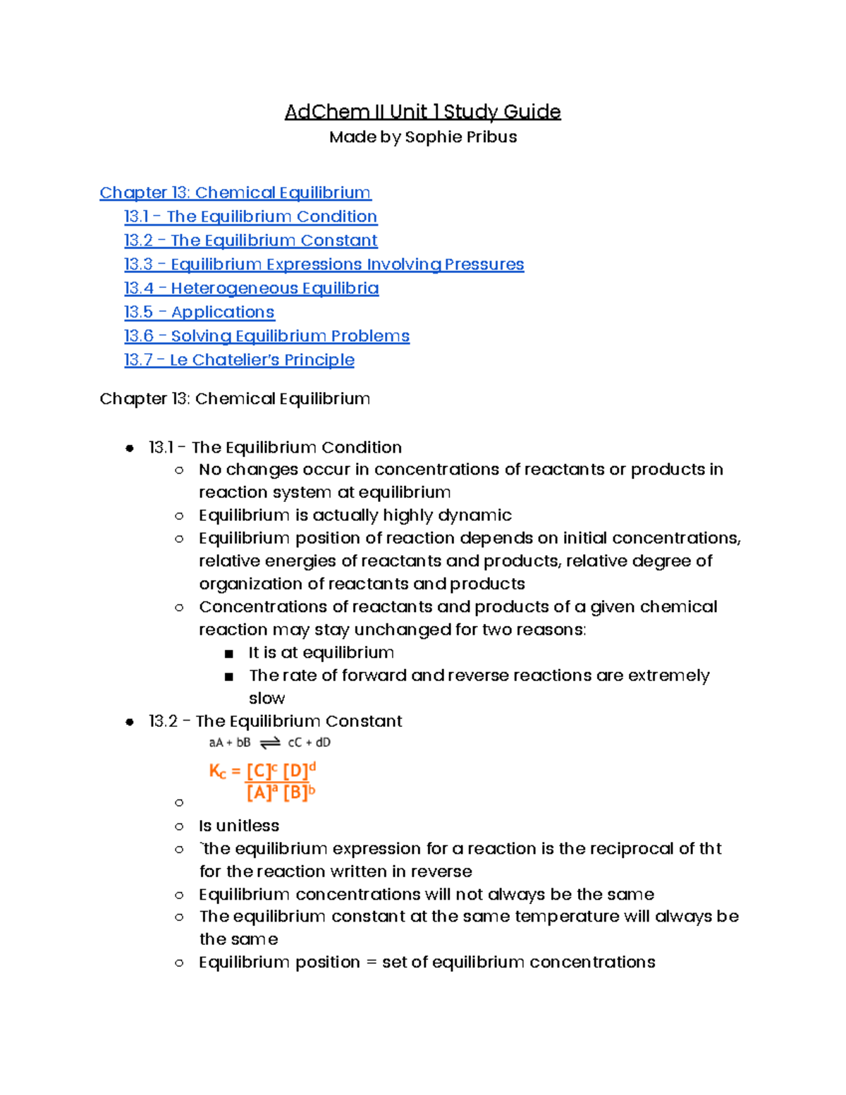 CHEM 102 Chemical Equilibrium - AdChem II Unit 1 Study Guide Made by ...