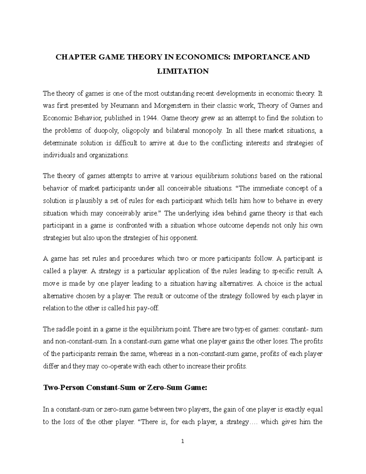 Chapter 7 GAME Theory - notes - CHAPTER GAME THEORY IN ECONOMICS ...