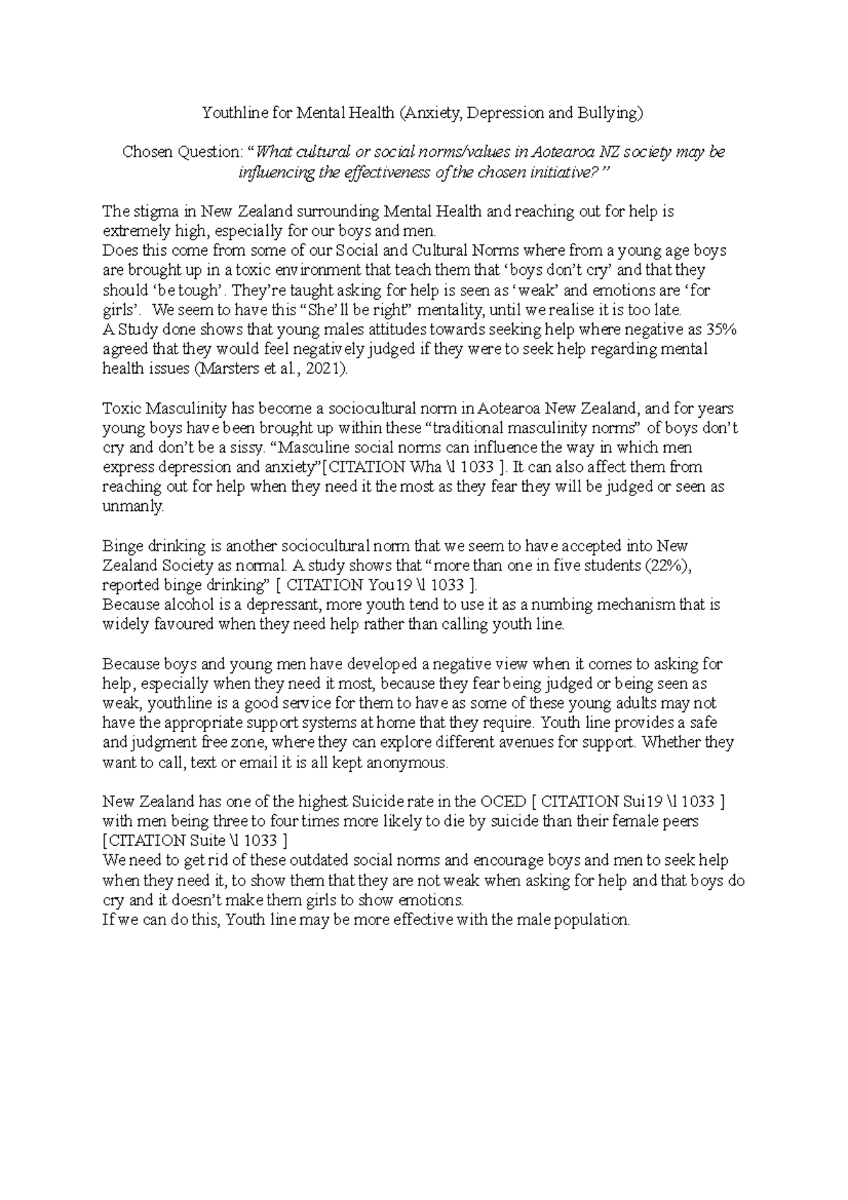 Health and Environment Essay - Youthline for Mental Health (Anxiety ...