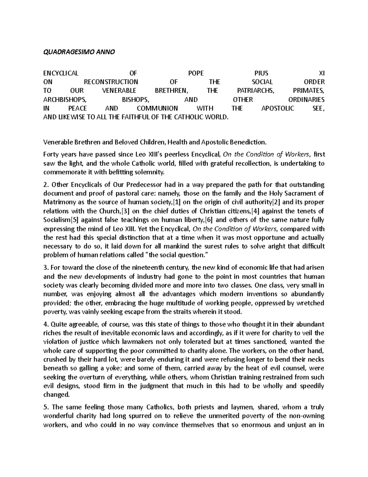 Quadragesimo Anno – Pope Pius XI - QUADRAGESIMO ANNO ENCYCLICAL OF POPE ...