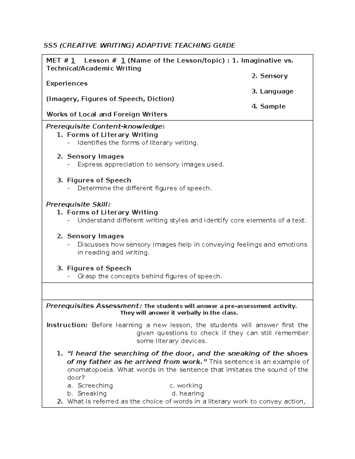 SS 5 MET1 - creative writing adaptive teaching guide - SS5 (CREATIVE ...