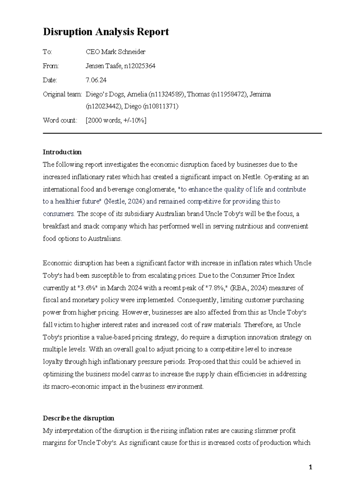 A3 n12025364 - Please use as template - Disruption Analysis Report To ...