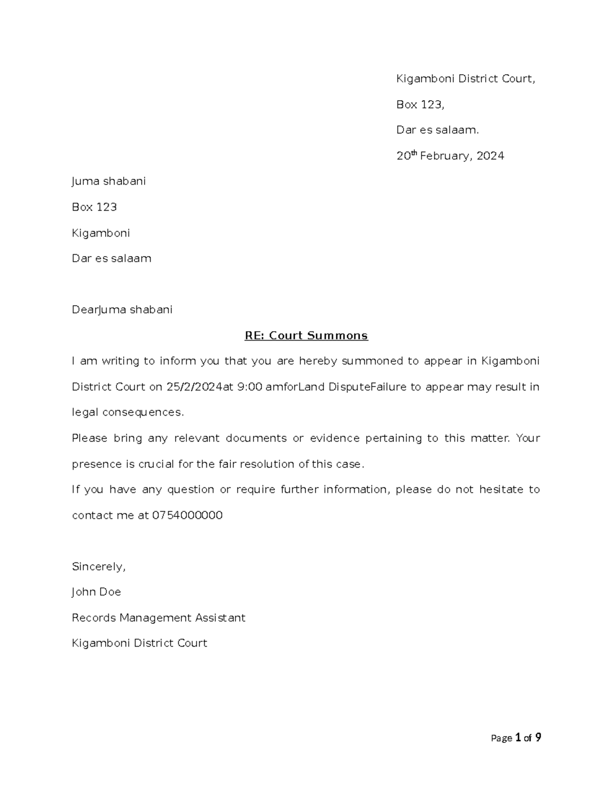 Kigamboni District Court - Box 123, Dar es salaam. 20 th February, 2024 ...