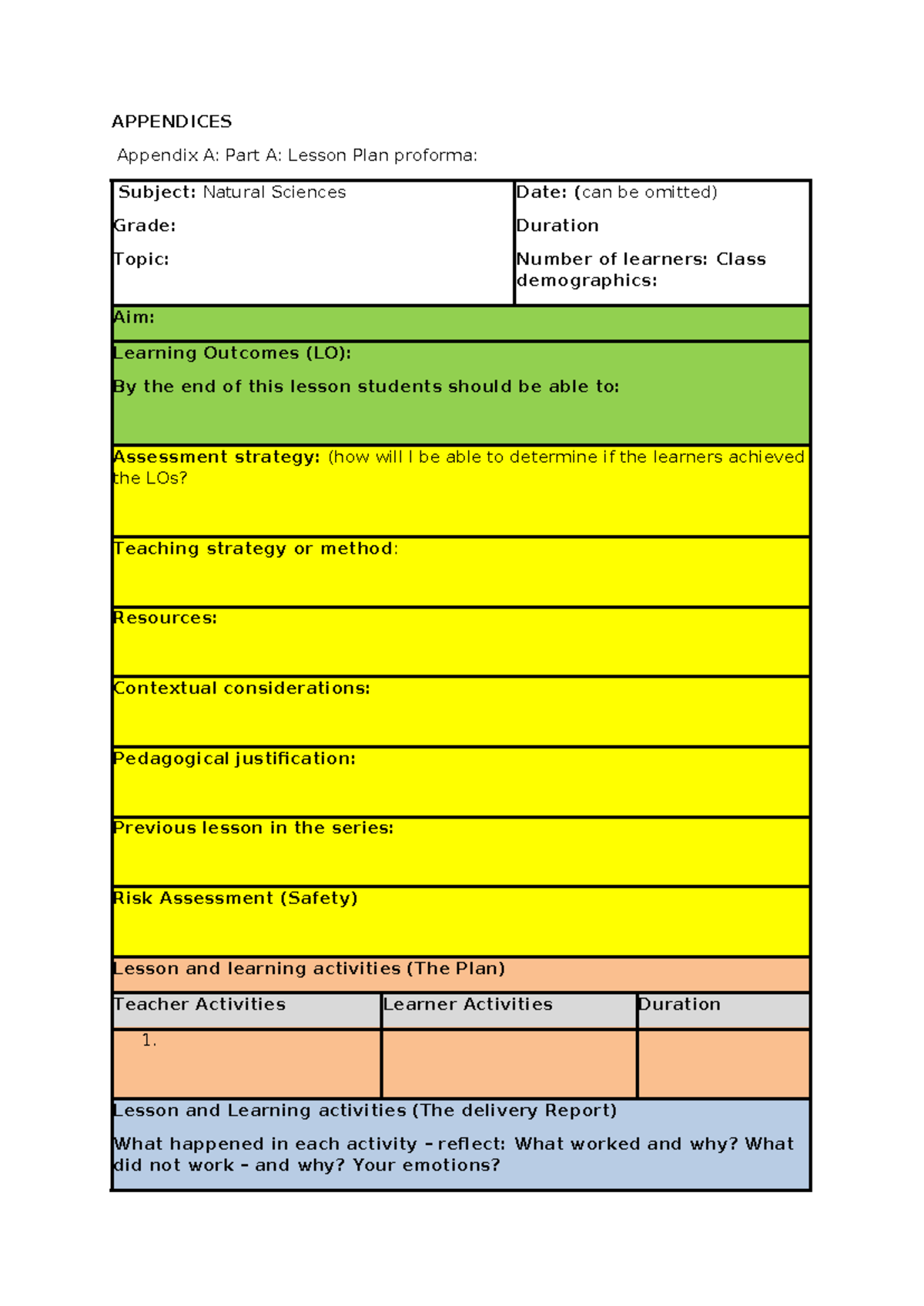 Lesson Plan Part A Blank Pro forma (2024) - APPENDICES Appendix A: Part ...