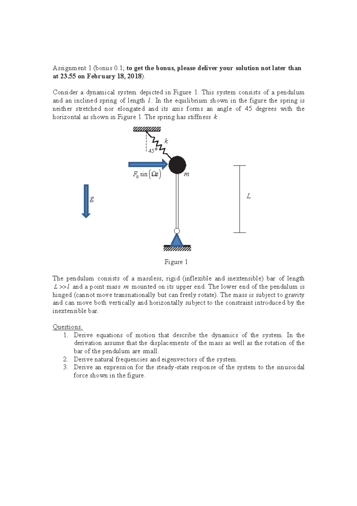 Bonus Assignments 2017-2018 - Structural Dynamics On Free Body Diagram - Assignment 1 (bonus 0 ...