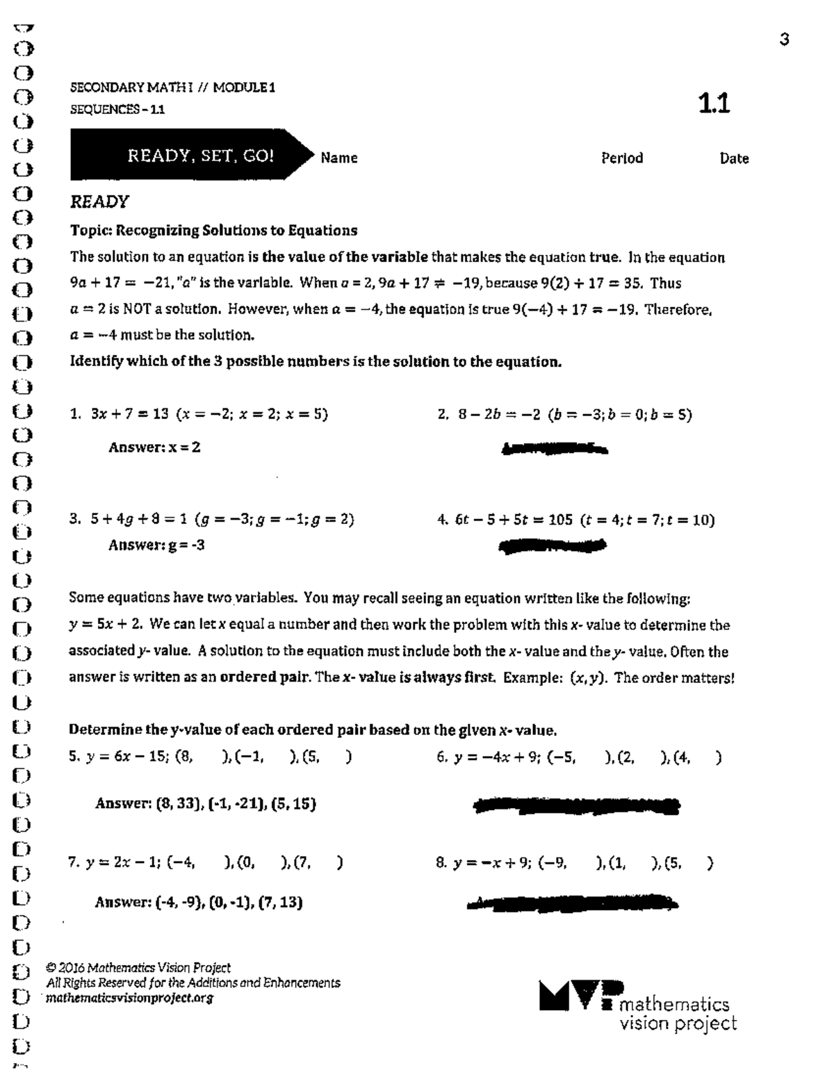 Math 1 Module 1 RSG - Odd Answers - 3 SECONDARY MATHI MODULE1 SEQUENCES 1 1 READY, SET, GO! Name ...