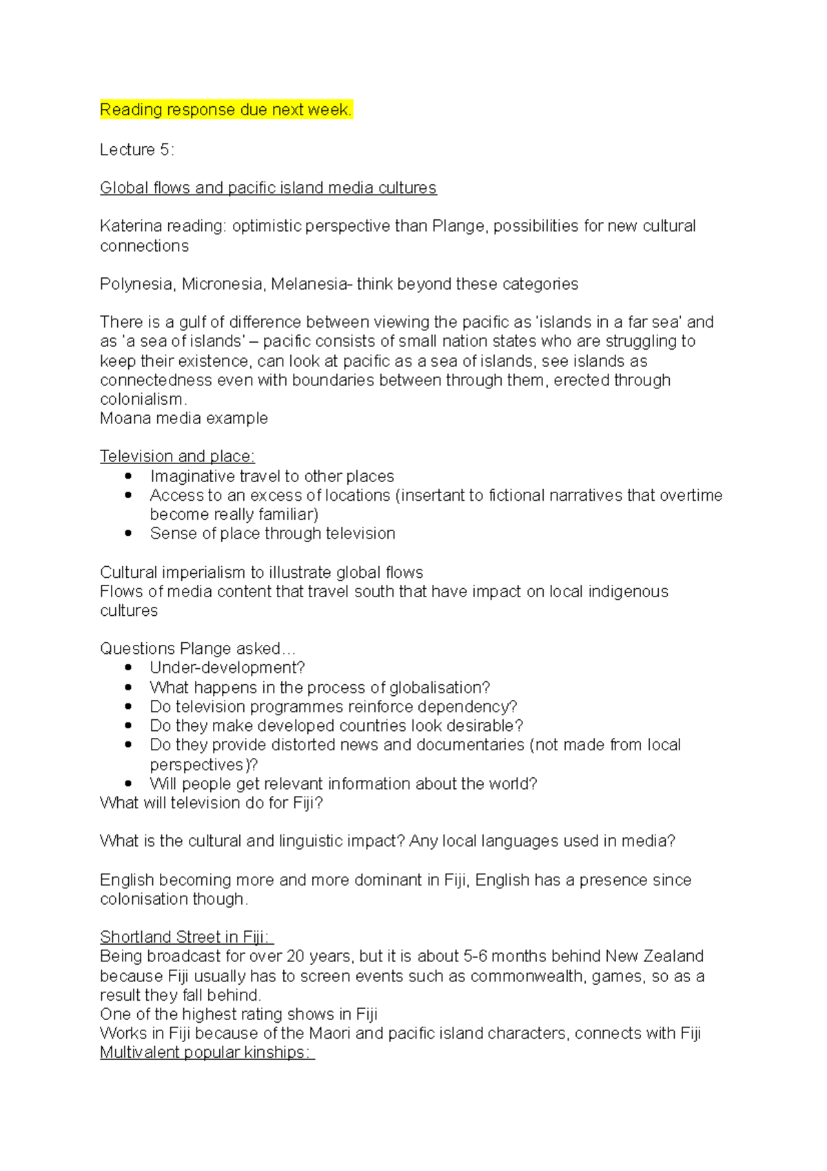 Lecture 5 - Special topic. - Reading response due next week. Lecture 5 ...