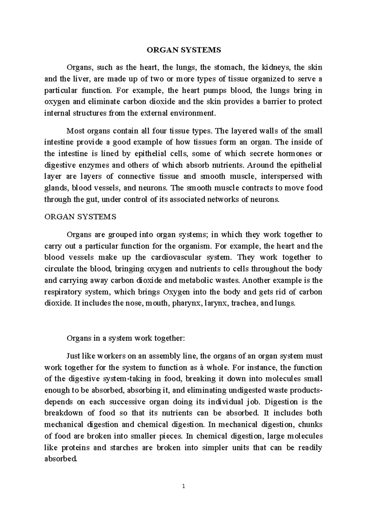 Organ Systems - Physiology notes - ORGAN SYSTEMS Organs, such as the ...