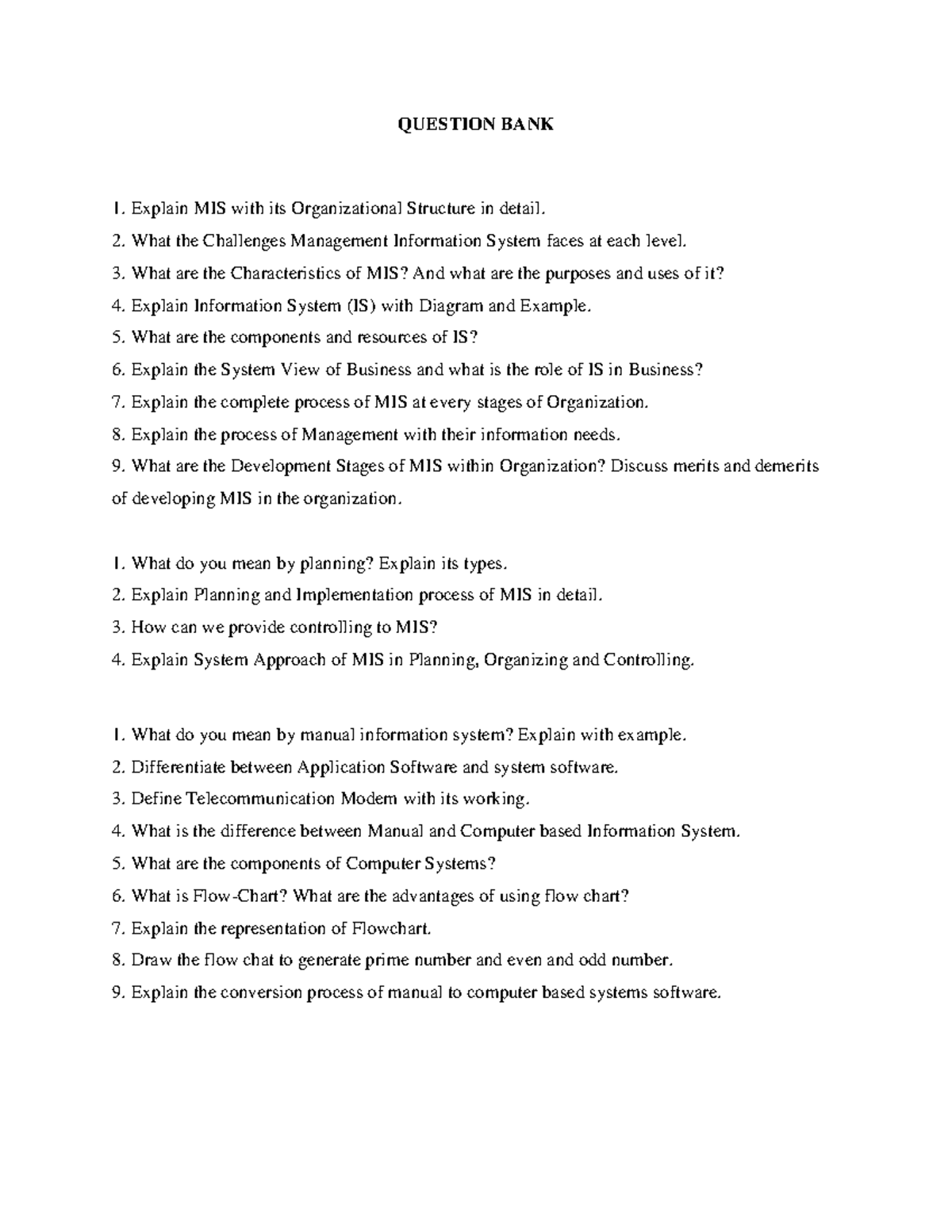 MIS-Question-Bank - ggggaa - QUESTION BANK Explain MIS with its ...