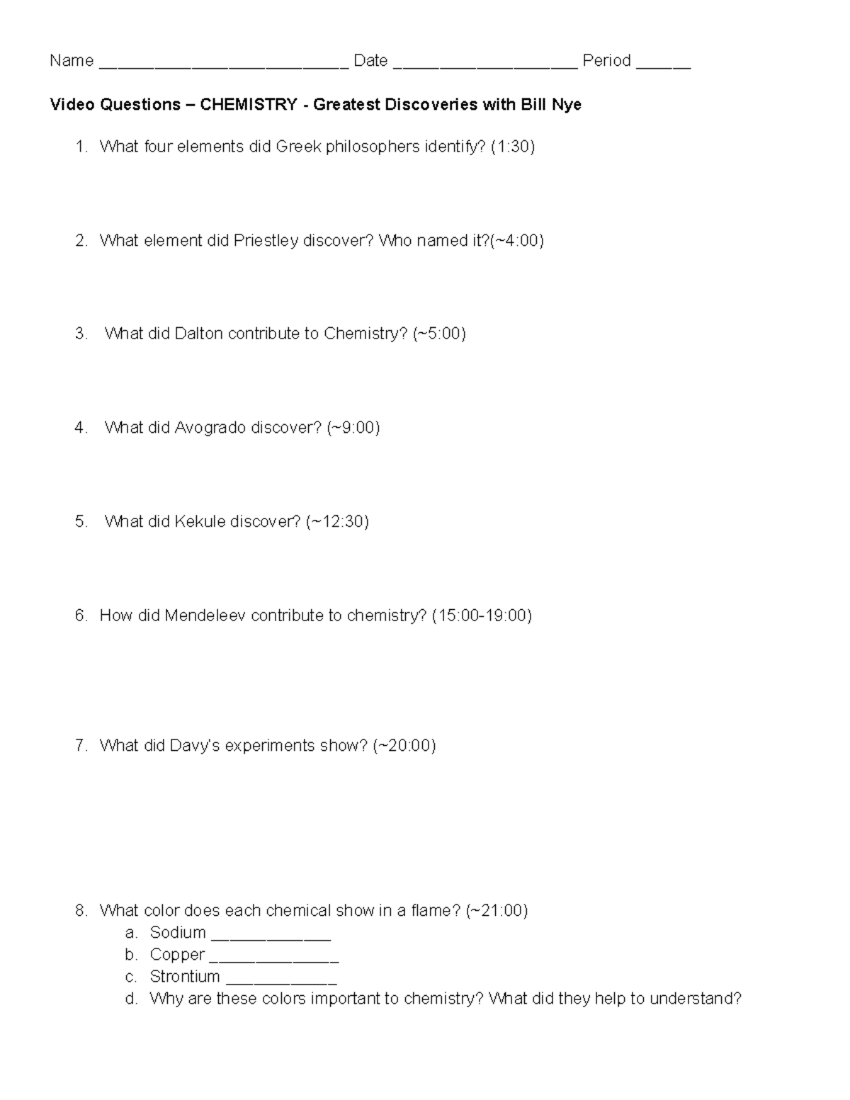 Greatest Discoveries in Chemistry with Bill Nye Video Questions with ...