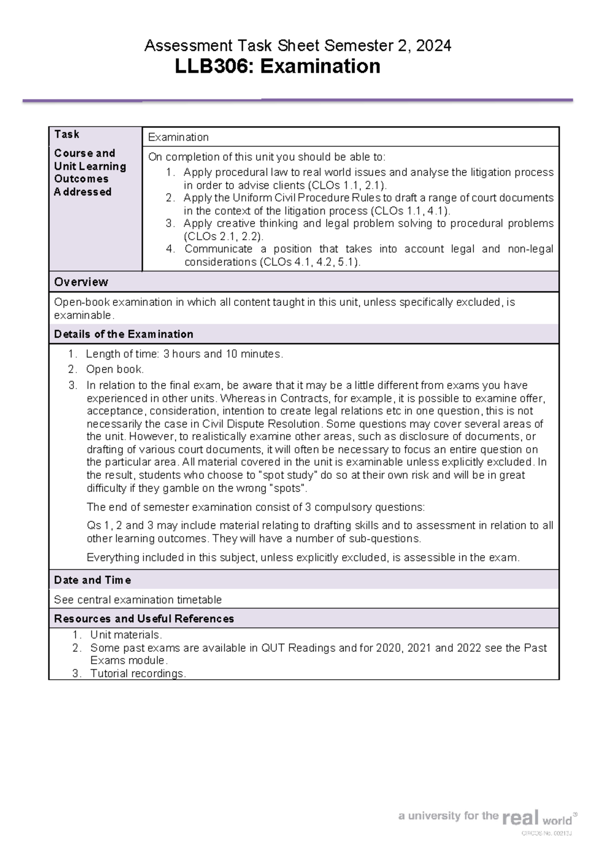 LLB306 Exam Task Sheet 2024 - Assessment Task Sheet Semester 2, 2024 ...