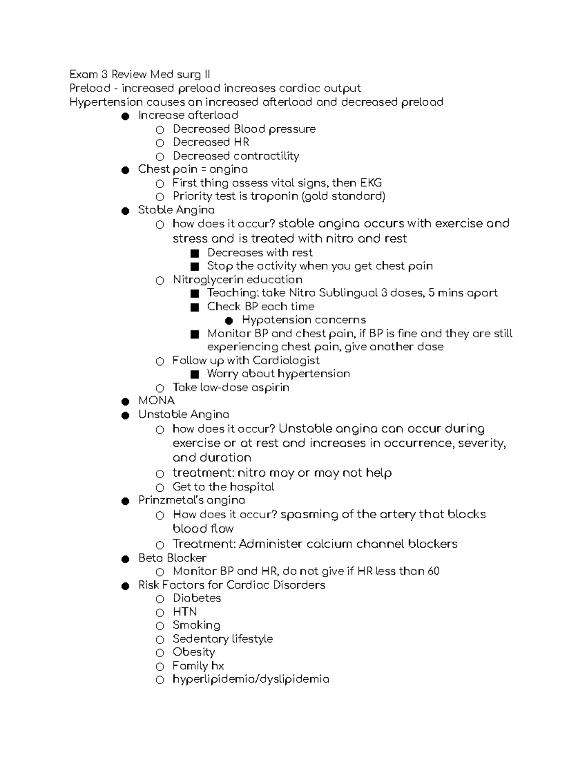 Untitled document - cardio exam review 3 in class notes - Exam 3 Review ...