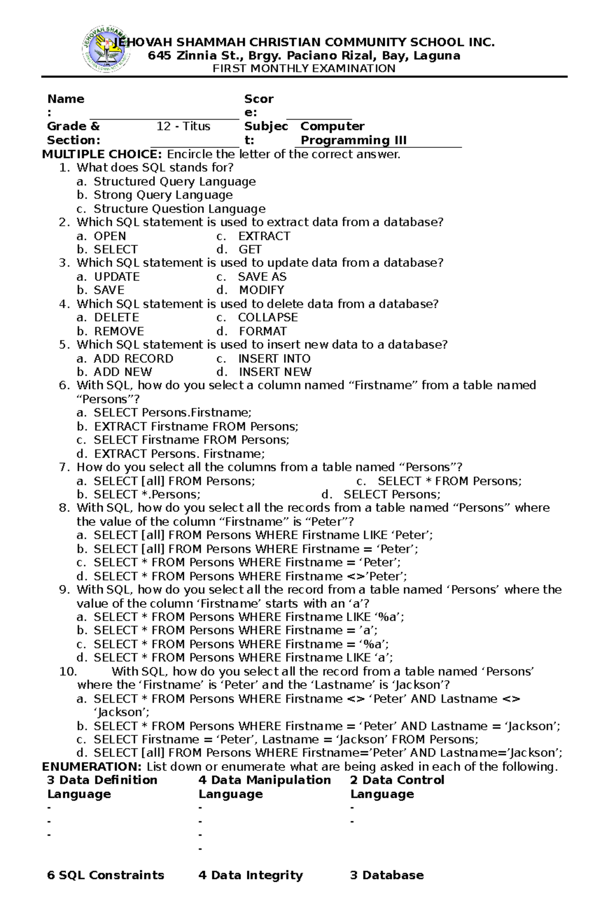 Computer Programming III (Grade 12) - JEHOVAH SHAMMAH CHRISTIAN ...