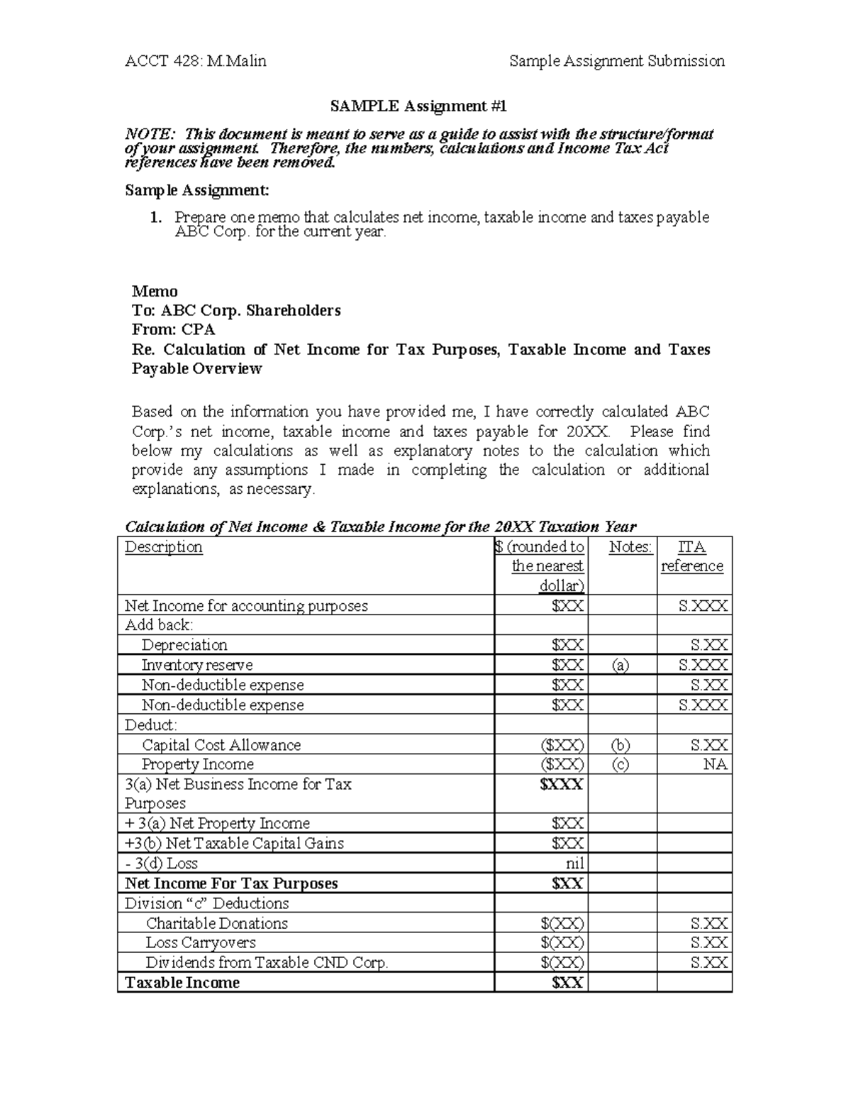 Assignment #1 Sample - solution to practise problem - ACCT 4 28: M Sample Assignment Submission ...
