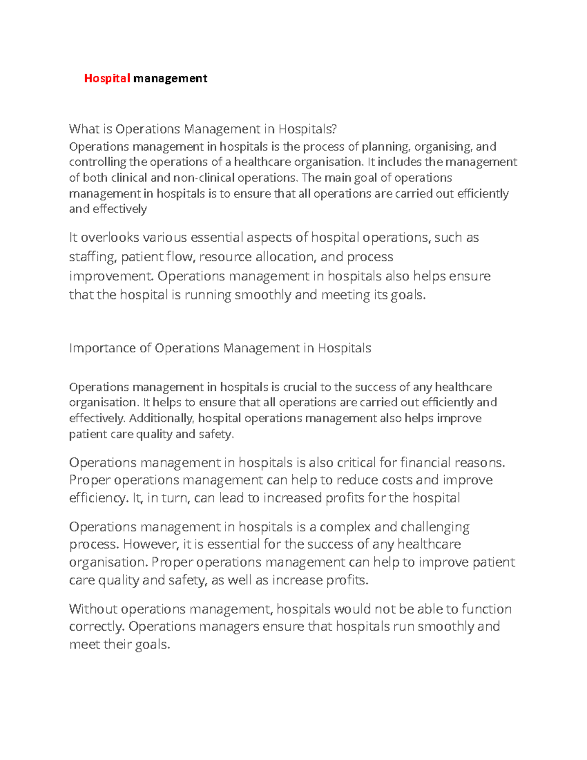 Hospital management part 1 - Hospital management What is Operations ...