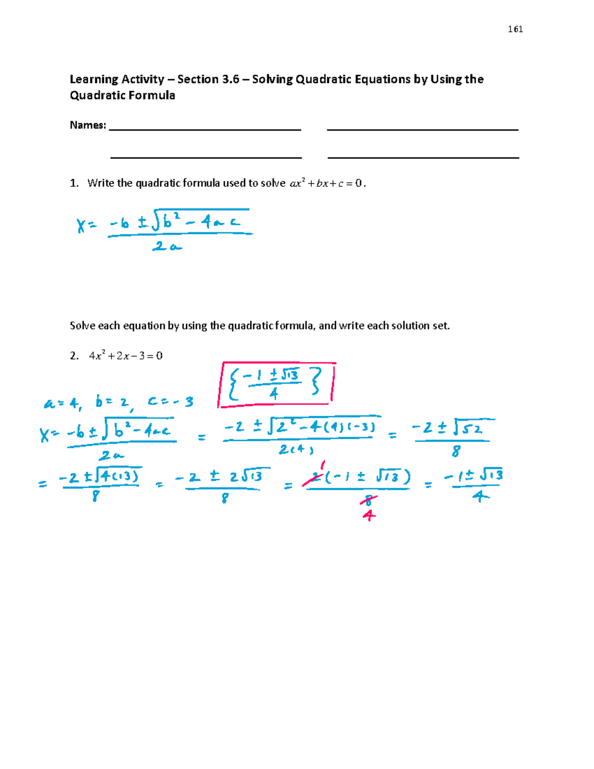 M1105C 3.6 LAAK Solving Quadratic Equations by Using the Quadratic Formula W PG NUMS - Learning ...