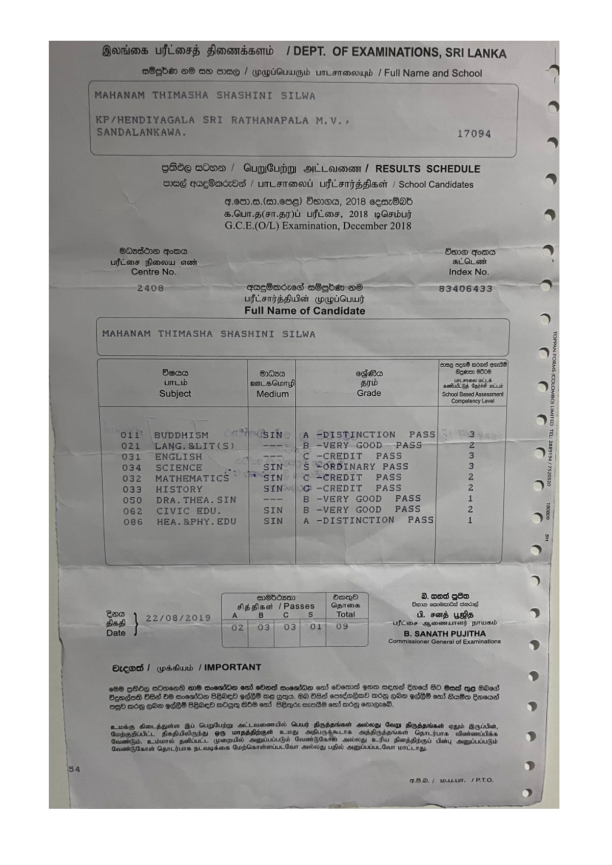Result Sheet - network assignment - DEPT. OF EXAMINATIONS, SRI LANKA woggov was erese Full Name ...