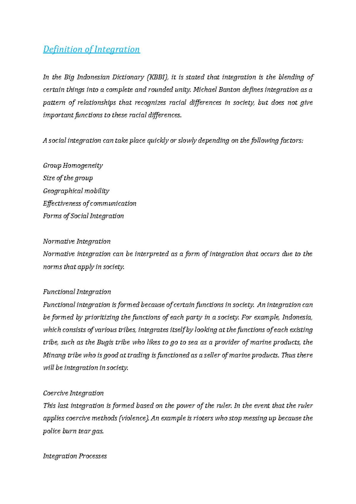 Definition of Integration - Michael Banton defines integration as a ...