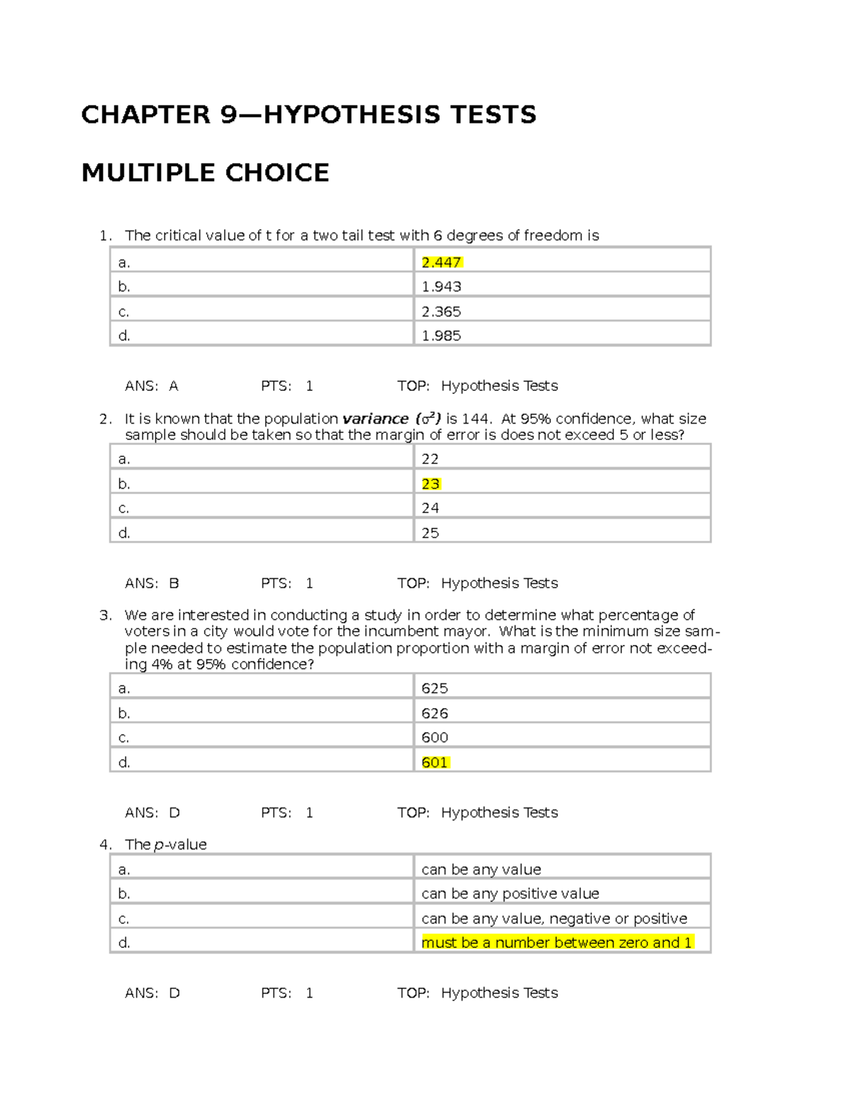 Chapter 9 main - CHAPTER 9—HYPOTHESIS TESTS MULTIPLE CHOICE The ...