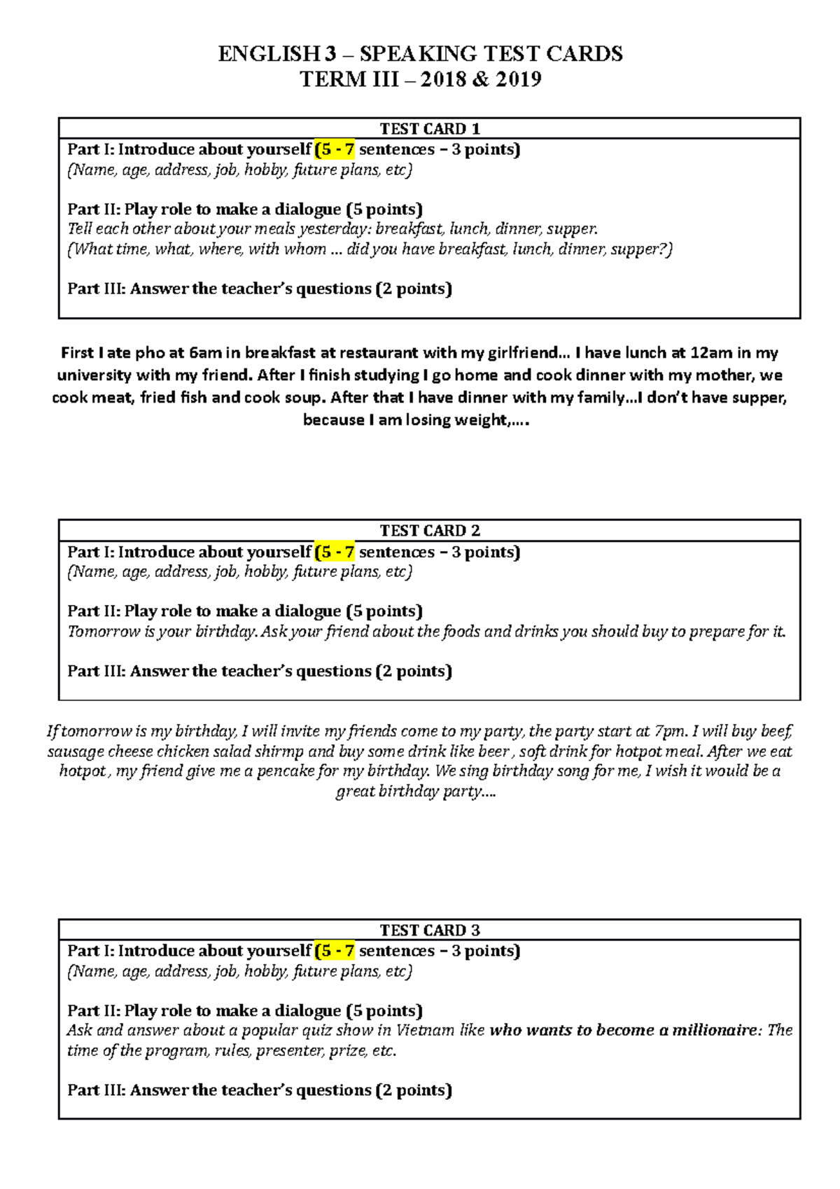 Speaking card E3 English File - ENGLISH 3 – SPEAKING TEST CARDS TERM ...
