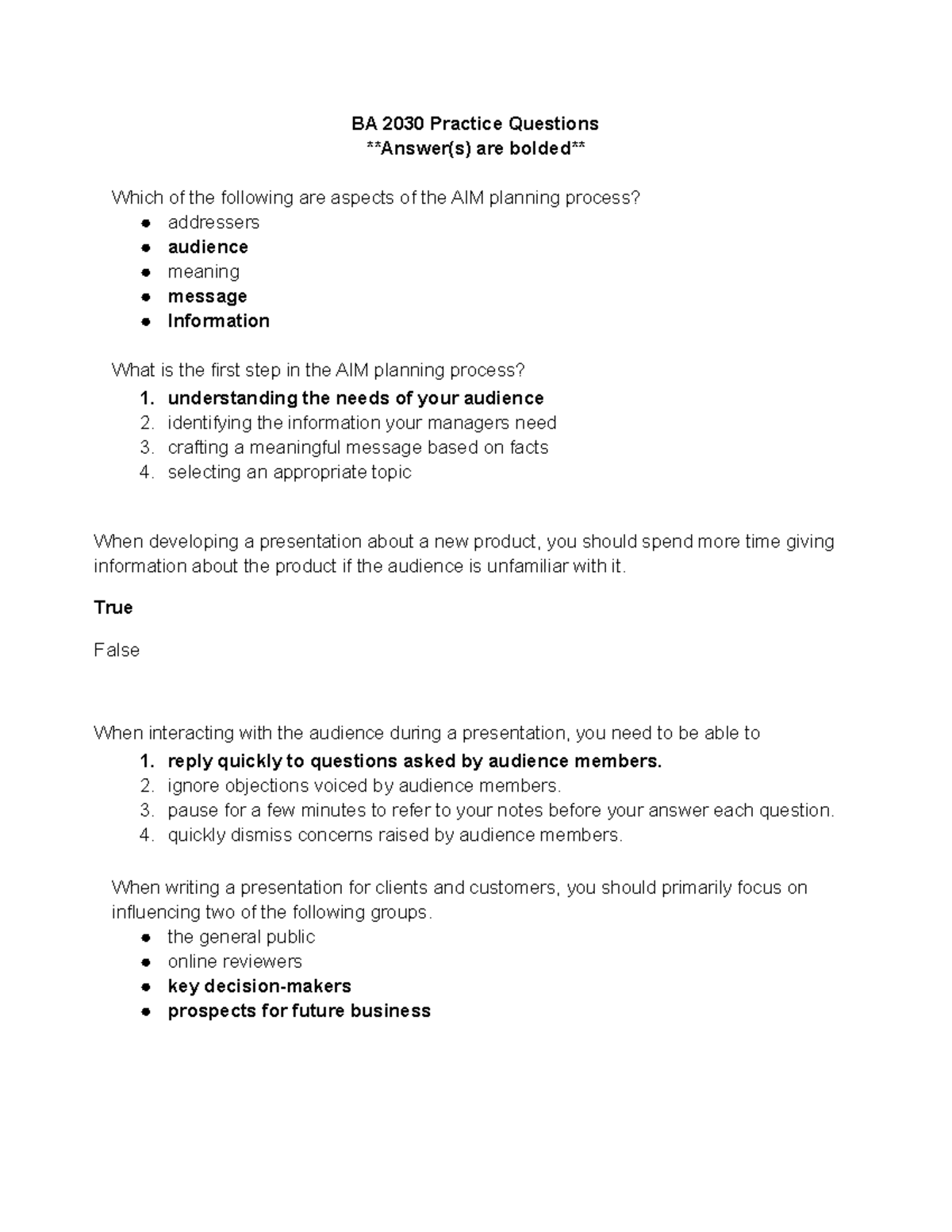 BA 2030 Practice Questions - BA 2030 Practice Questions Answer(s) are ...