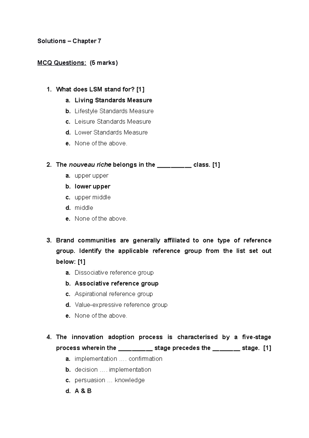 Consumer behaviour Solutions Chapter 7 - Solutions – Chapter 7 MCQ ...