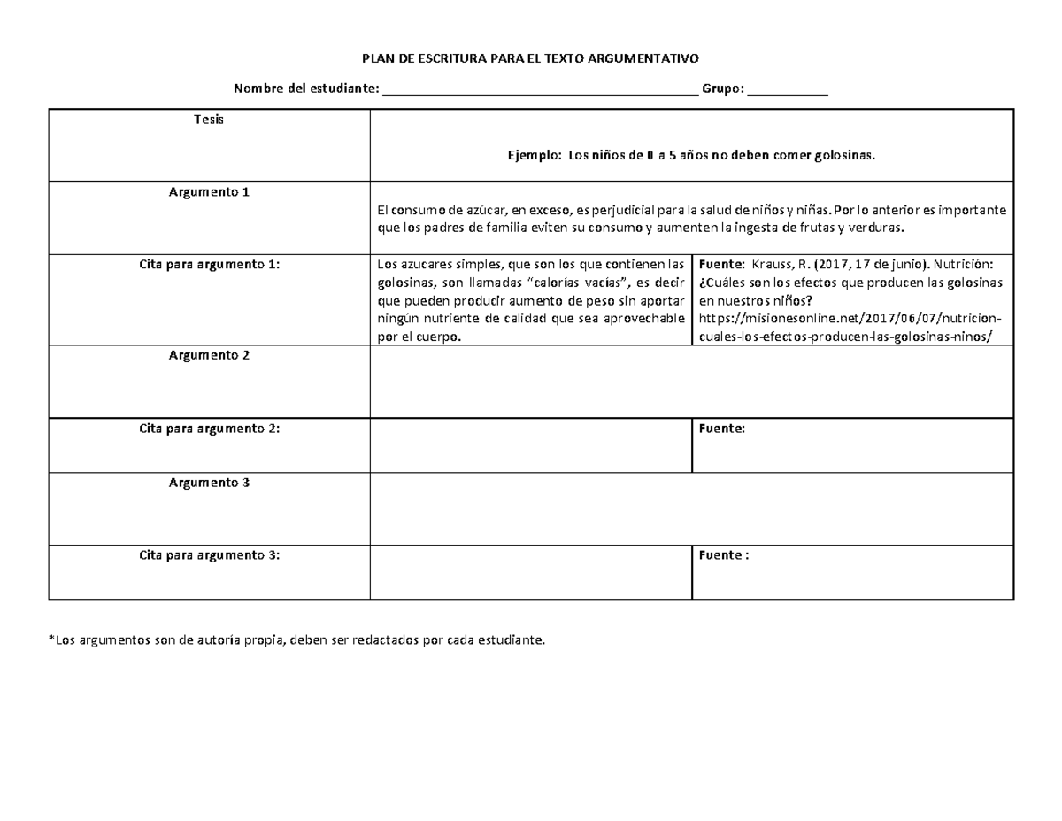 Anexo 1- Plan de escritura- la tesis y argumentos - PLAN DE ESCRITURA ...