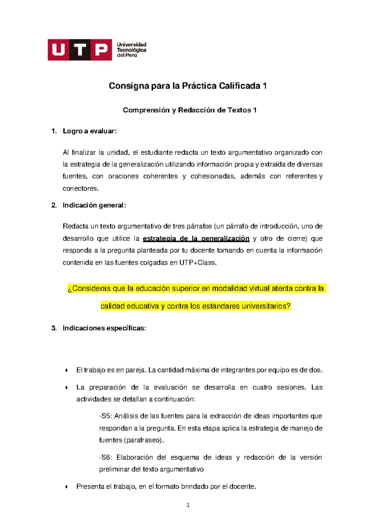Comprensión y redacción de textos S06 PC1 - Consigna para la Práctica Calificada 1 Comprensión y ...