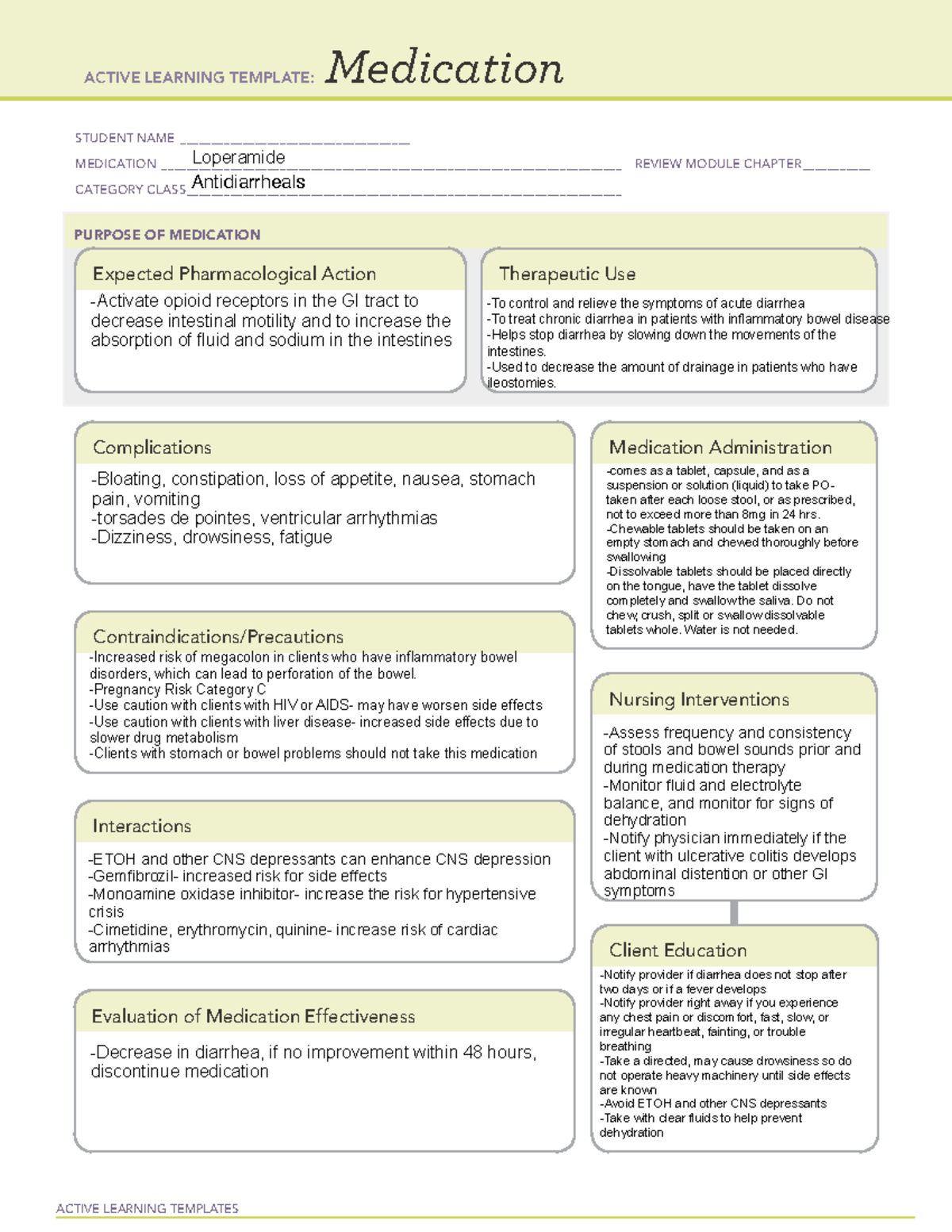 Loperamide- wk 2 - ACTIVE LEARNING TEMPLATES Medication STUDENT NAME ...
