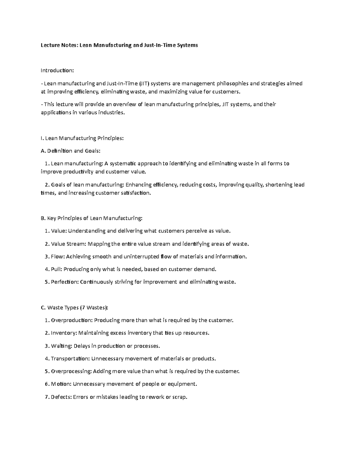 Lecture Notes: Lean Manufacturing and Just-In-Time Systems - Lecture ...