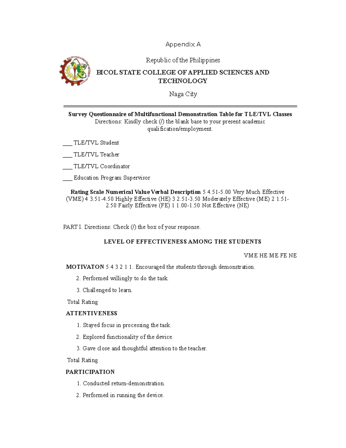 Appendix A Questionnaire - Appendix A Republic of the Philippines BICOL ...