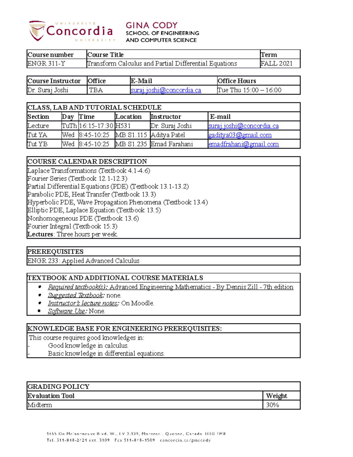 Course Outline ENGR 311 Y Fall 2021 - Course number Course Title Term ENGR 311-Y Transform ...